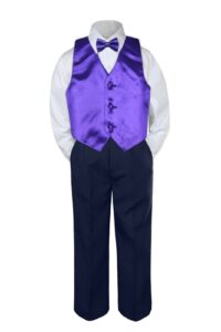 4pc baby toddler boy party suit tuxedo navy pants shirt vest bow tie set sm-4t (large (12-18 months), purple)