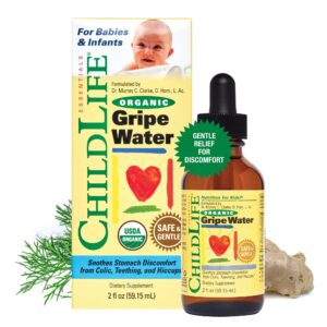 childlife essentials organic gripe water for babies - gripe water newborn, gas drops for newborns, baby drops for gas & colic relief, infant gas relief with ginger, fennel, dill - 2 fl oz (pack of 1)