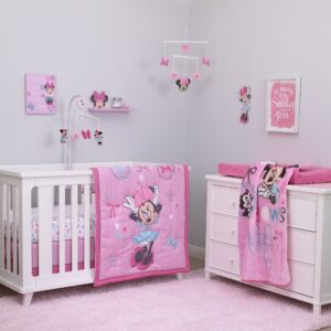 disney baby minnie mouse all about bows 4 piece nursery crib bedding set, pink, aqua