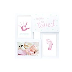 tiny ideas baby prints collage keepsake frame with included ink pad, newborn handprint and footprint nursery decor, so little so loved, pink/white