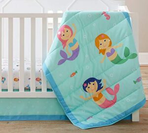 wildkin 100% microfiber 3 pc crib bed in a bag for toddler boys and girls, bedding set includes printed comforter, fitted bottom sheet and coordinating crib skirt, olive kids (mermaids)