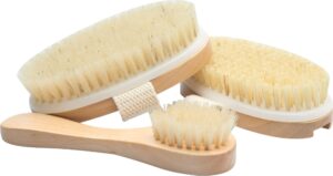 essential living: 3-piece dry brushing spa kit - 1 face brush, 2 body scrub brushes and a cotton bag - body and skin care for exfoliation, blood circulation and lymphatic system stimulation support