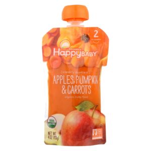 happy baby organics stage 2 baby food pouches, gluten free, vegan & healthy snack, clearly crafted fruit & veggie puree, apples pumpkin & carrots, 4 ounces (pack of 8)