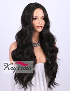 k'ryssma black synthetic wigs for black women, natural looking long wavy wigs right side parting none lace front black wig heat resistant fiber wigs hair replacement wig 24 inch