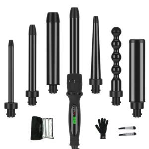 curling iron,parwin pro beauty 7 in 1 curling wand set with 7 interchangeable barrels and heat protective glove auto shut off dual voltage