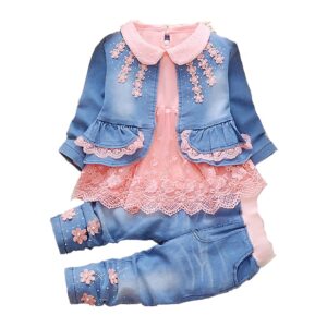 6m-4years babygirls and infant girls jean jackets floret and dress t-shirts with jeans clothing sets(6-12,orange)