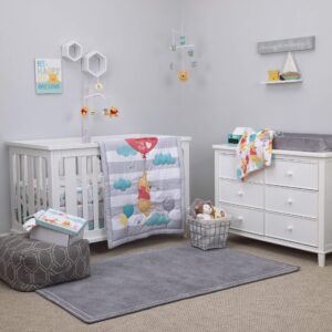 disney winnie the pooh first best friend 4 piece nursery crib bedding set, aqua/grey/white/red, 4 piece set (pack of 1)