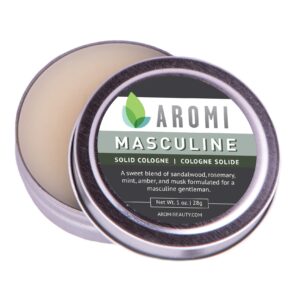 aromi solid cologne | sweet musk fragrance; vegan, cruelty-free, powdery scent, wax-based, travel, small men's gift, alcohol-free, concentrated (masculine)