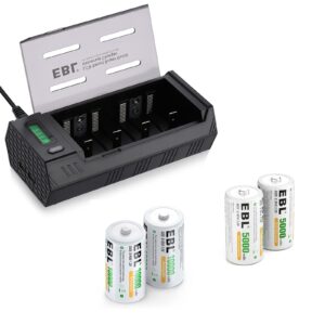 ebl c size rechargeable batteries (2 pack) and d rechargeable batteries (2 pack) with upgraded lcd aa aaa c d 9v battery charger with 2 usb port & discharge function