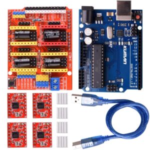 kuman cnc shield expansion board v3.0 +uno r3 board + a4988 stepper motor driver with heatsink for arduino kits k75 (cnc shield+uno r3+stepper motor) (k75-cnc-uk), red blue