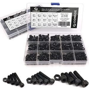 comdox 500pcs alloy steel socket cap screws hex head bolt nuts assortment kit with box, m3 m4 m5 thread size, black oxide finish