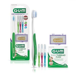 gum orthodontic kit – orthodontic toothbrush, 3 proxabrush sizes and shred-resistant easythread floss, and mint ortho wax