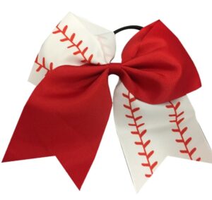 sportybella - baseball stitch hair accessories for girls - red and white softball print hair bows, ponytail holders gift set - 6.5"