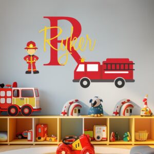 cryptonite personalized name & initial firetruck wall decals for kids rooms i baby boy nursery decor i toddler boy room decor firetruck i firetruck birthday decorations (wide 30"x 19" height)