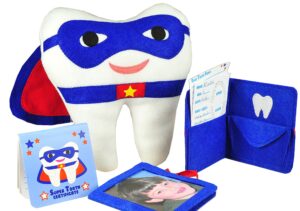 tickle & main 3-piece superhero tooth fairy pillow for boys & girls - tooth fairy kit with pocket, notepad & photo keepsake pouch - ages 5-10 - toothfairy pillow for boys - toothfairy pouch