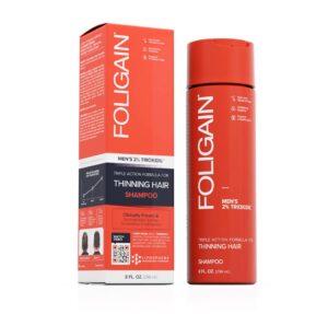 foligain triple action shampoo for thinning hair, men’s volumizing shampoo, with 2% trioxidil 8 fl. oz.