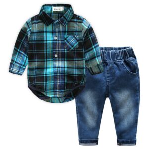 kimocat casual suit for toddler boy 2pcs long sleeve plaid shirtand jeans outfits