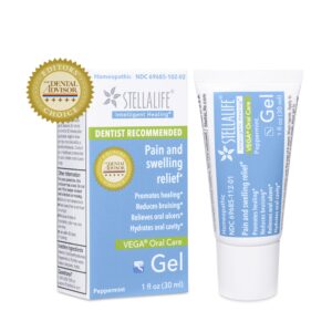 stellalife vega oral gel: dry socket, dry mouth, canker sore, tooth extraction, gum surgery, braces, denture, ulcer, mucositis, dental implant, advanced natural dental pain relief, heal faster, mint