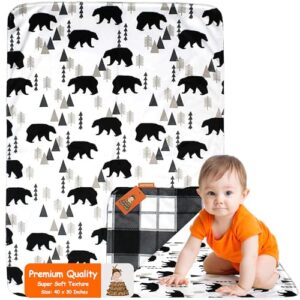 dear baby gear bears deluxe baby blanket - reversible, milestone & newborn gifts for girls and boys - black bears, geometric trees - black and white plaid - 40" x 30"