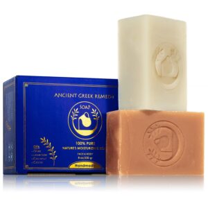 ancient greek remedy organic face and body soap bars for dry, normal and sensitive skin. gentle wash treatment for acne, eczema, psoriasis, dark spots and rosacea with soap holder (2)