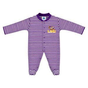 creative knitwear college baby striped footed romper - lsu tigers logo - purple/white - 0-3 months