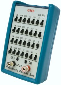 gme rd-300 resistance substitution decade box, 7 decades range, 1Ω to 11mΩ, 1% accuracy, 1-watt rated resistors, designed in the usa