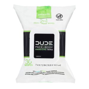 dude face & body wipes 30 count energizing & refreshing scent infused with pro vitamin b-5, face cleansing cloths for men, lightly scented for mid-day refreshment, hypoallergenic, alcohol free