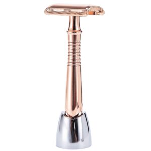 baili 3-piece double edge safety razor long handle wet shaving for men women with 5 platinum blades and stand rose gold bd193g