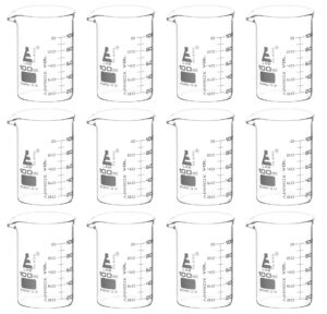 eisco (pack of 12) beakers, 100ml - astm - low form with spout - dual scale, white graduations - borosilicate 3.3 glass