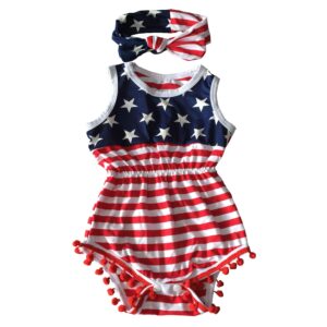 qin.orianna 4th of july toddler baby girl american flag tassel romper with headband (0-6m/small, red)