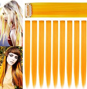 rhyme 9 pcs colored hair extensions clip in/on for girls and women hair accessories wig pieces for girls orange hairpieces (orange)