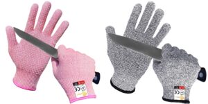 evridwear 2 colors 2 pairs combo level 5 cut resistant gloves with strong silicone grip dots kitchen meat cutting fish fillet shucking and mandolin slicing free e-book(m, pink+gray)