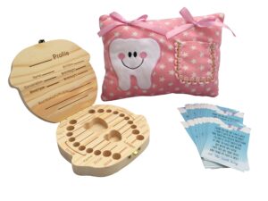 apowus girls tooth fairy kit with pink pillow, wood box organizer, 20 letters