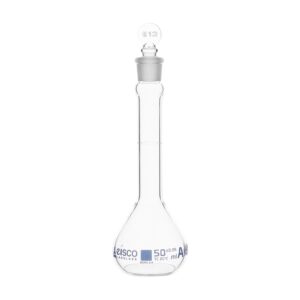 eisco volumetric flask, 50ml - class a, astm - tolerance ±0.050 ml - glass stopper - single, blue graduation