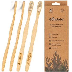 gondola adults bamboo toothbrushes- eco friendly wooden toothbrushes with soft bristles & smooth bamboo handles - biodegradable & zero waste packaging-4 pack