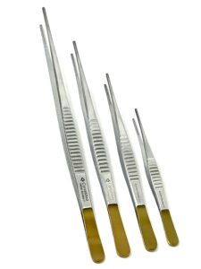 german set of 4 each debakey forceps serrated narrow tips for atraumatic veterinary microscopy dissection comes in gold handle 6”+8”+10”+12”