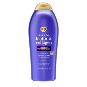 ogx thick & full + biotin & collagen volumizing shampoo, nutrient-infused hair shampoo with vitamin b7 biotin gives hair volume & body for 72+ hours, sulfate-free surfactants, 25.4 fl. oz