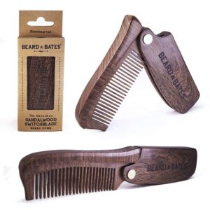 beard & bates the sandalwood switchblade - the original folding wooden beard hair comb | boutique, artisan crafted, los angeles