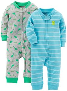 simple joys by carter's baby boys' 2-pack cotton footless sleep and play, grey dinosaur/light blue double stripe, 6-9 months