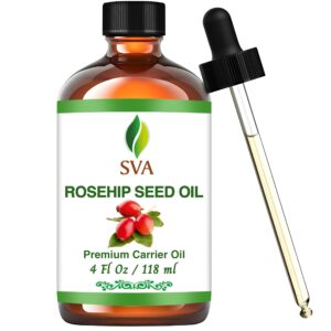 sva rosehip seed oil - 4 fl oz – 100% natural cold pressed rosehip oil - for face, skin care, hair care, scalp massage & body massage – carrier oil with dropper