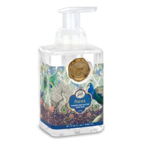 michel design works foaming hand soap 17.8oz, peacock scent and design, shea butter and aloe vera blend, beautiful square container with pump