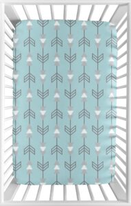 sweet jojo designs turquoise blue and grey arrow baby boy or girl unisex fitted mini portable crib sheet for earth and sky collection - for mini crib or pack and play only