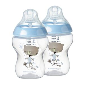 tommee tippee closer to nature baby bottles, blue slow flow breast-like nipple with anti-colic valve (9oz, 2 count)