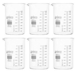 eisco 6pk beakers, 400ml - astm - low form with spout - dual scale, white graduations - borosilicate 3.3 glass labs