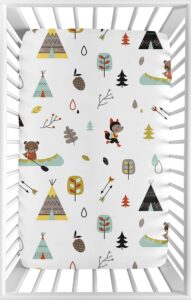 sweet jojo designs stone and aqua woodland animals baby boy fitted mini portable crib sheet for outdoor adventure collection - for mini crib or pack and play only