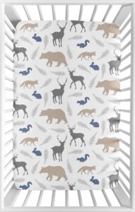 sweet jojo designs grey and blue baby boy fitted mini portable crib sheet for woodland animals collection - for mini crib or pack and play only