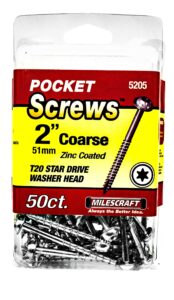 milescraft 5205 wood pocket hole screws - #7 x 2" washer head with coarse thread (50pc.), torx drive self-tapping, for indoor use