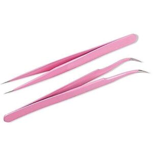 onwon 2 pcs pink stainless steel tweezers for eyelash extensions, straight and curved tip tweezers nippers, false lash application tools