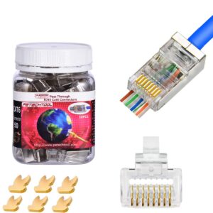 petechtool rj45 shielded cat5 cat6 connector 8p8c end pass through plugs gold plated (50 packs)