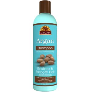 okay | argan shampoo | for all hair types & textures | restore, hydrate and smooth hair | with coconut, almond, & aloe vera | free of parabens, silicones, sulfates | 12 oz